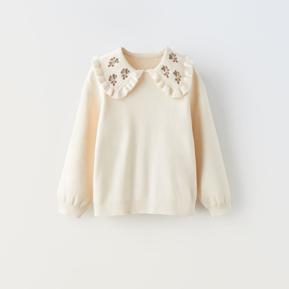 Zara | Shirts & Tops | Zara Floral Collar Embroidered Knit Sweater Cream 45y | Poshmark